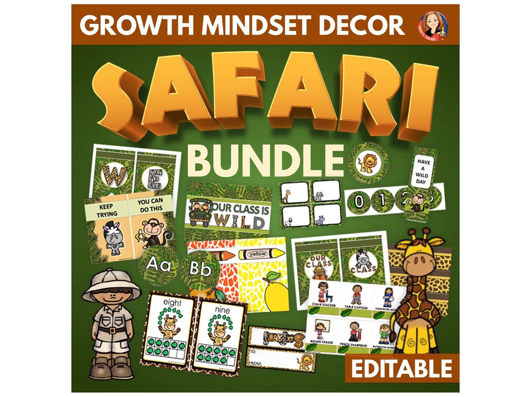 Jungle Safari Theme Classroom Decor Growth Mindset Editable Bundle ...