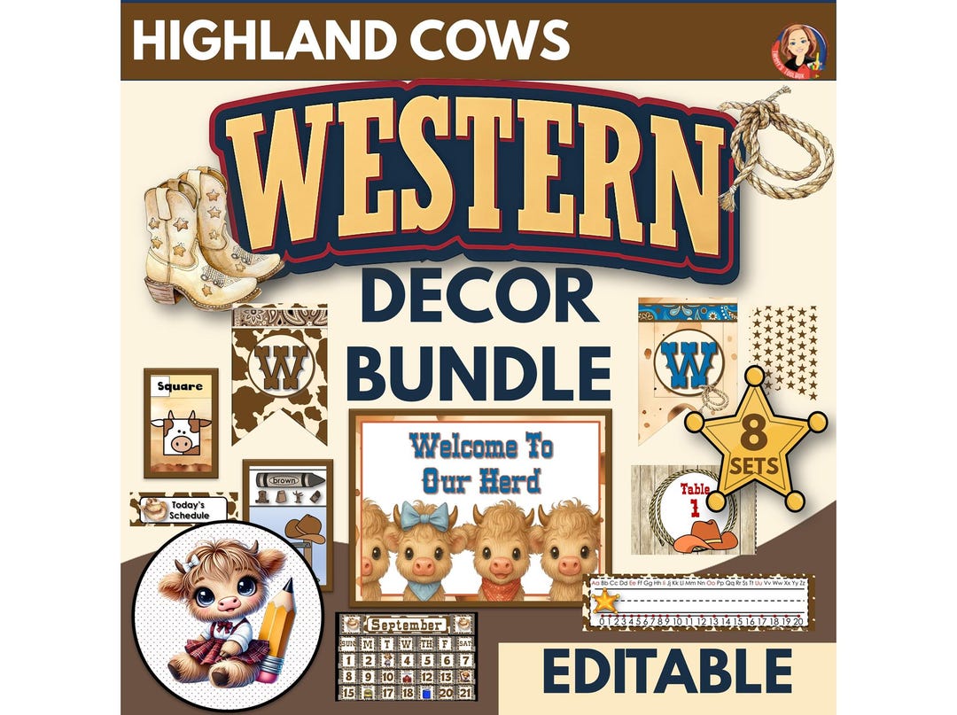 Editable Wild Western Classroom Decor Bundle | Highland Cow Theme ...