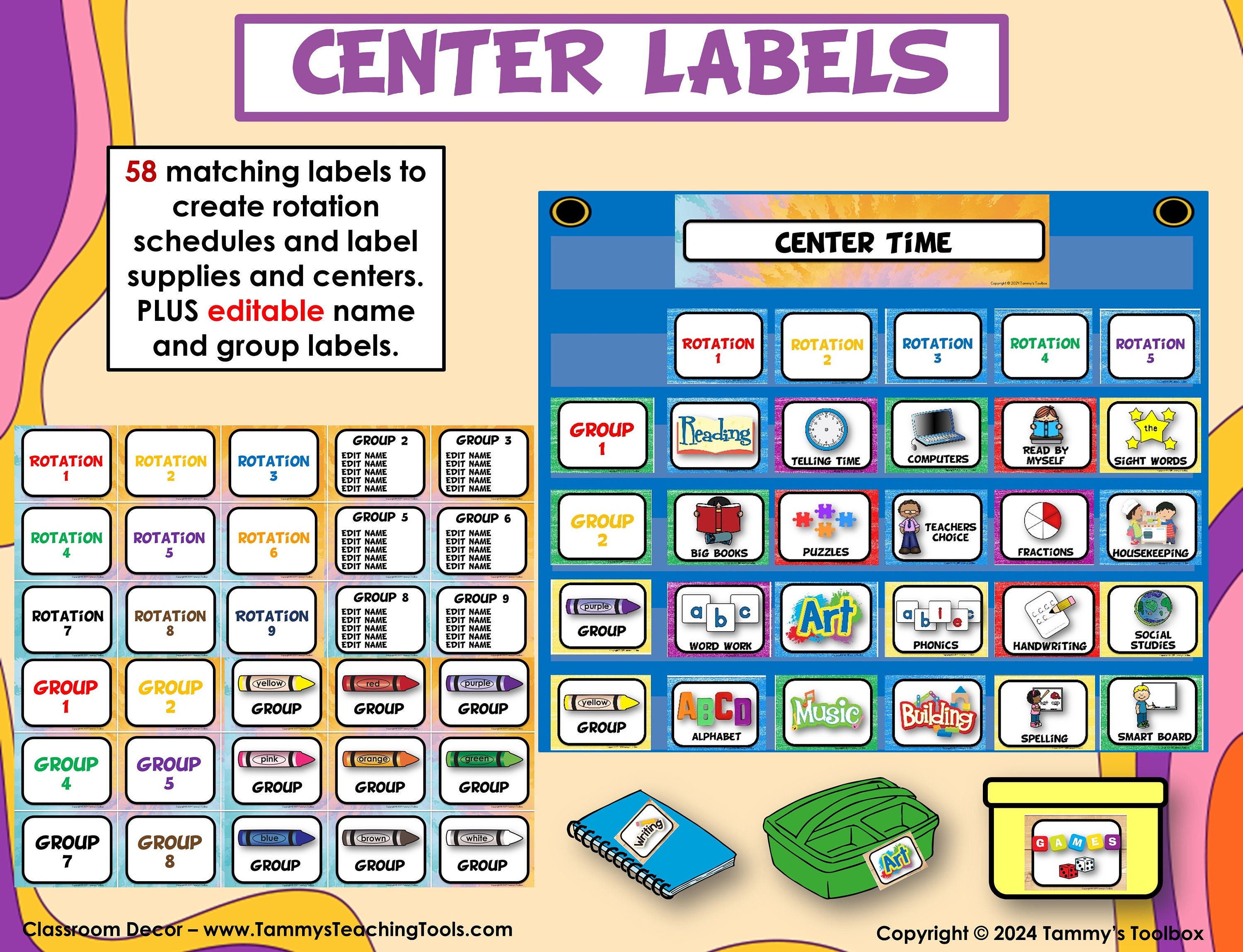 Classroom Center Signs and Labels in Groovy Retro Classroom Decor Theme ...