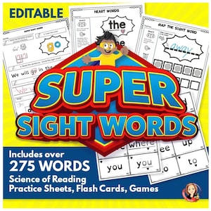 Sight Word Worksheets, Flashcards & Bonus Editable File for Customized ...