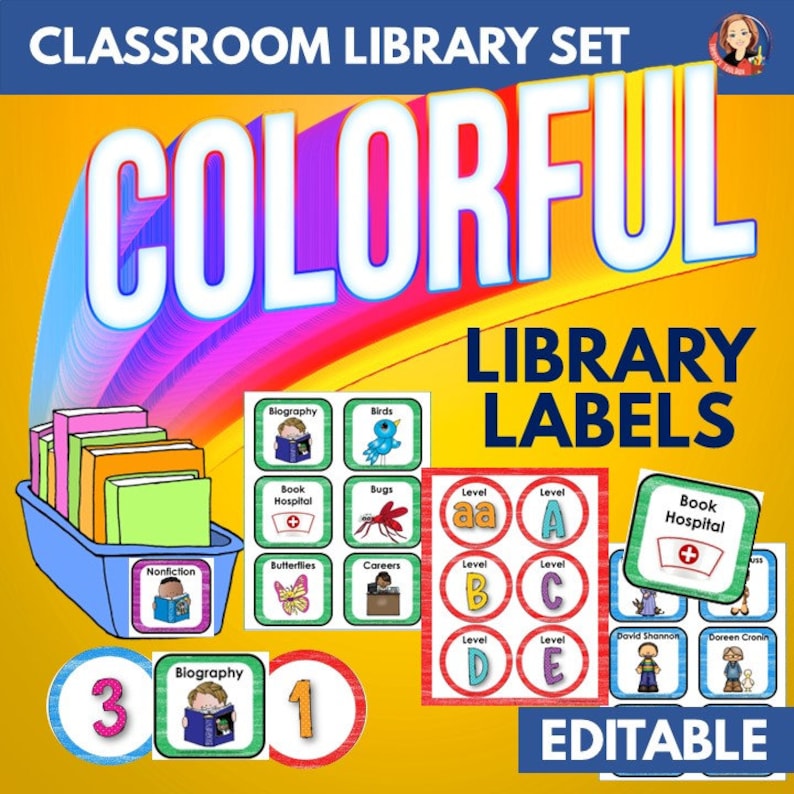 Classroom Library Book Bin Labels in Colorful Brights, Colorful Rainbow ...