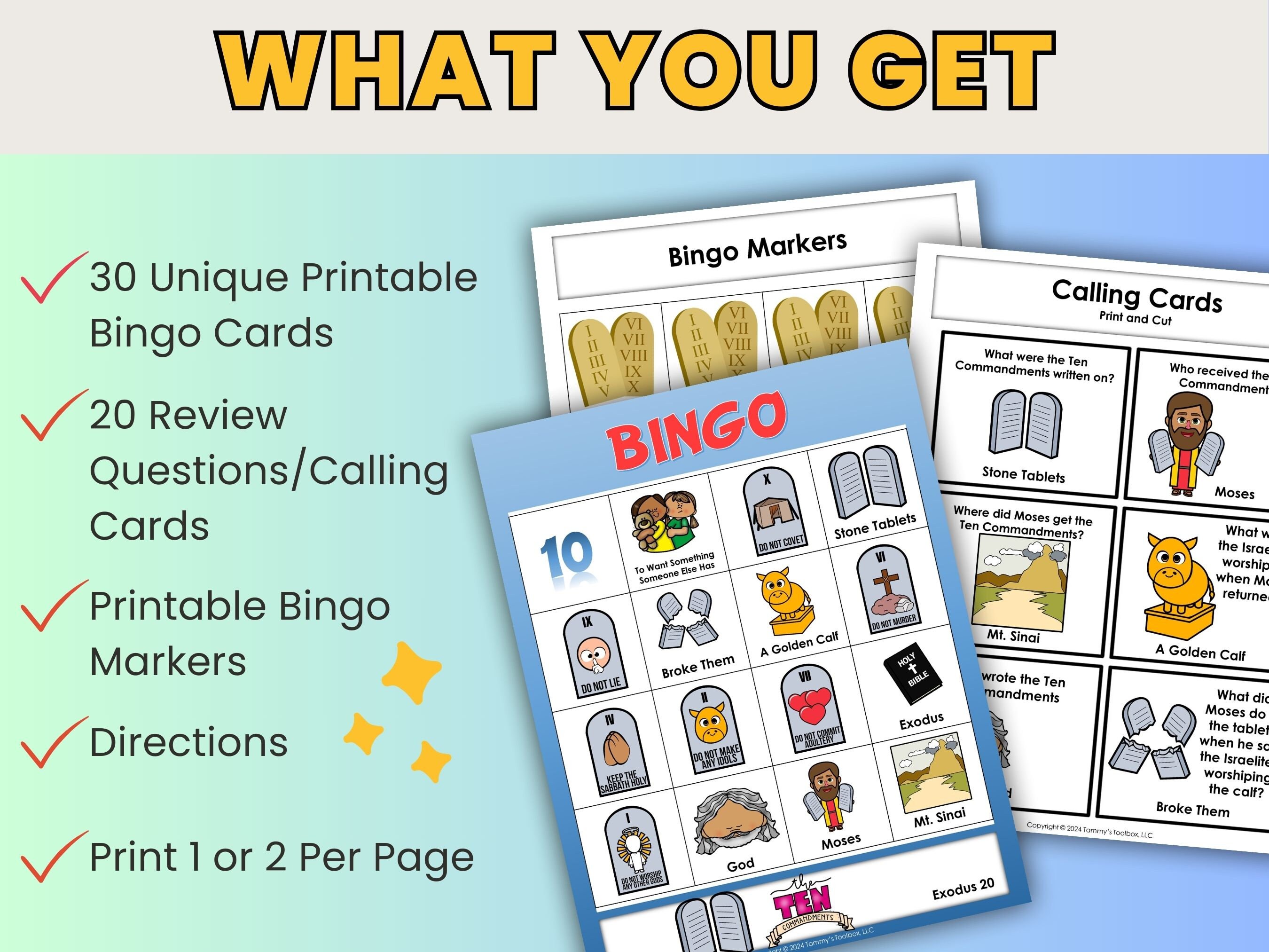 Bible Bingo, Bible Lesson Review Game for Kids, the Ten Commandments ...