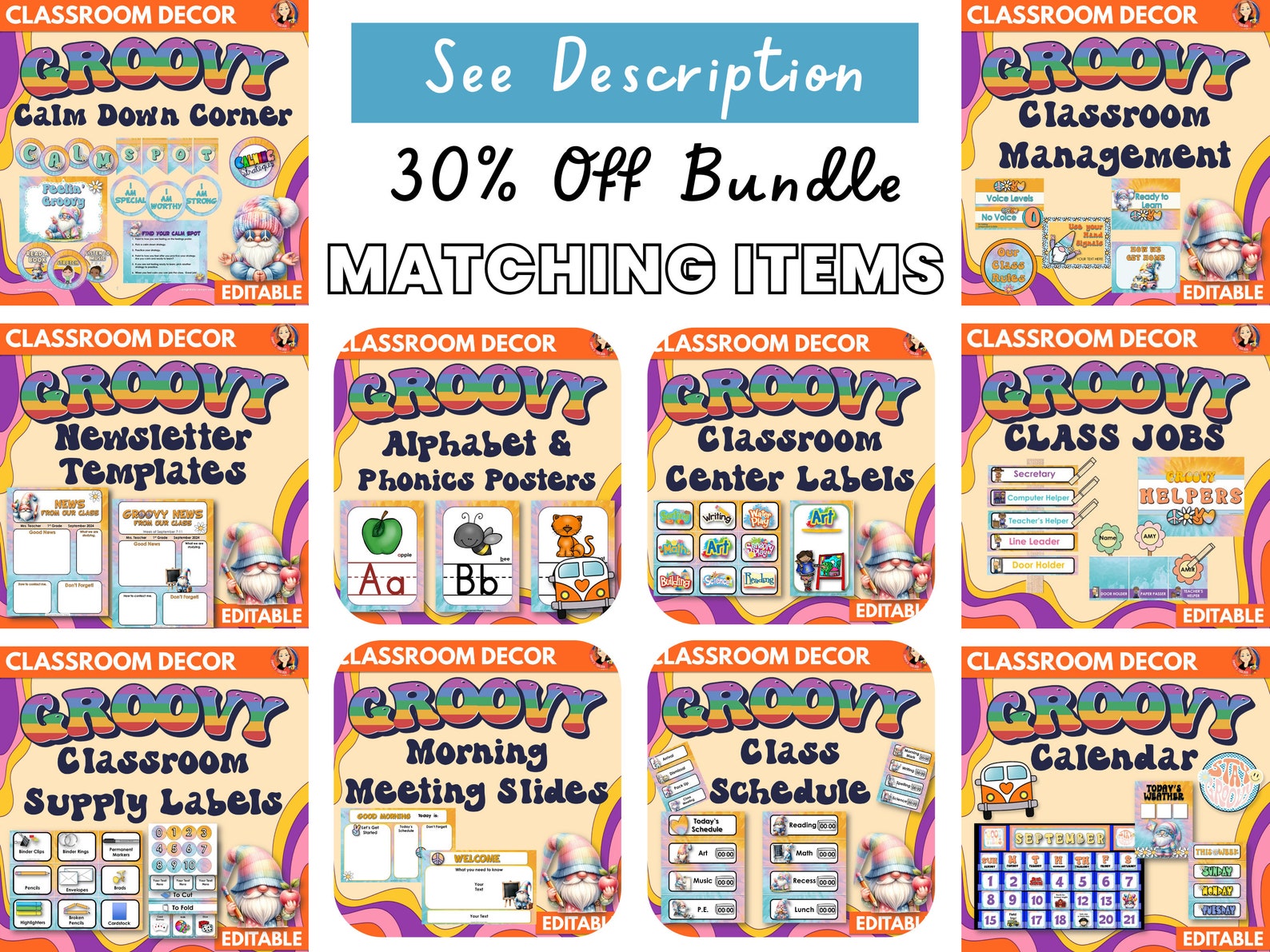 Groovy Retro Gnome Classroom Calendar Set, Editable, Printable Bulletin ...