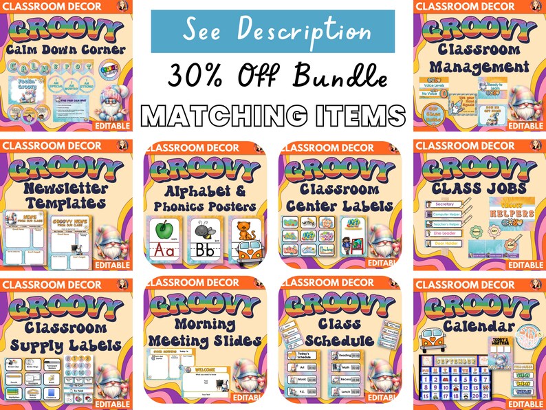 Groovy Retro Gnome Classroom Calendar Set, Editable, Printable Bulletin ...