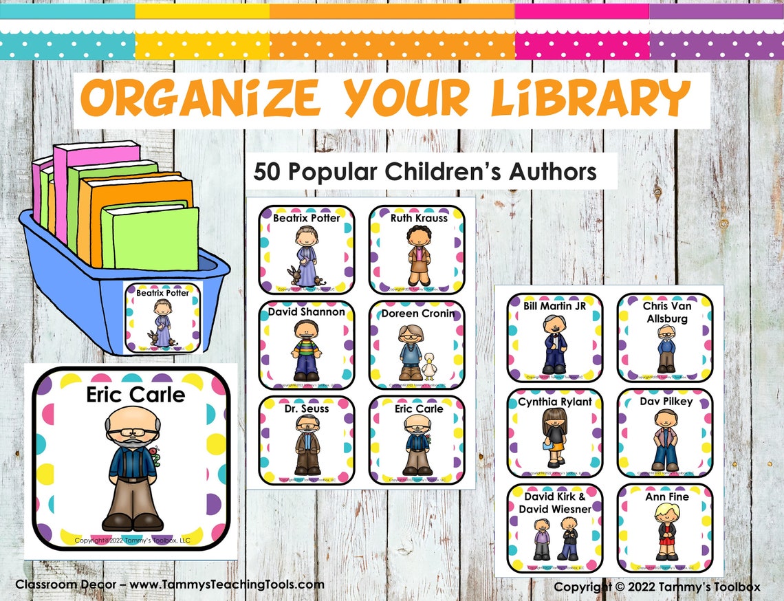 Classroom Library Book Bin Labels in Bright Polka Dots Classroom Decor ...