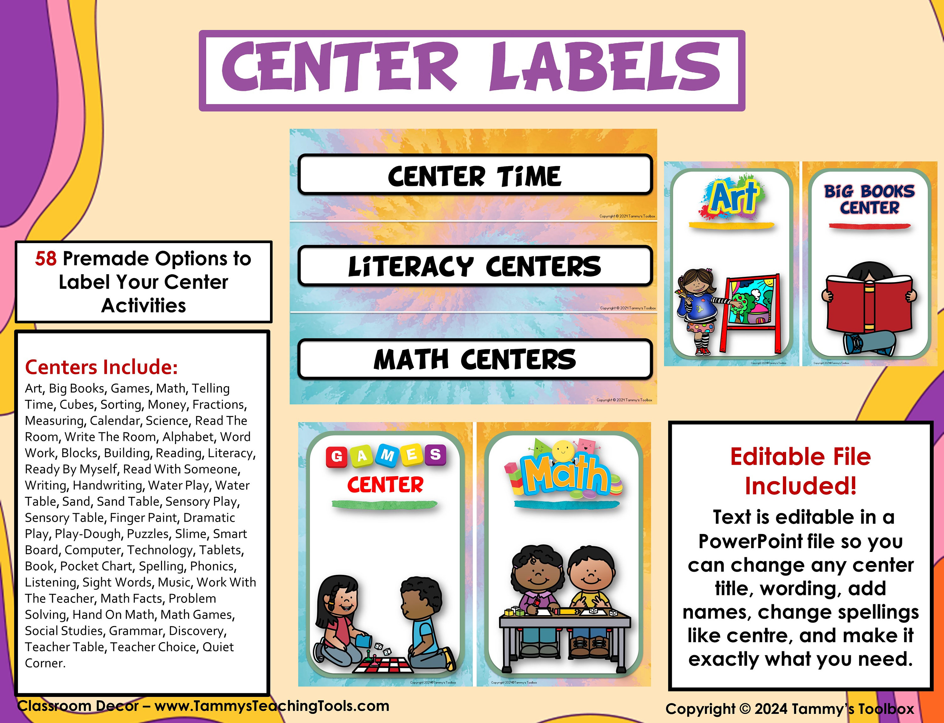 Classroom Center Signs and Labels in Groovy Retro Classroom Decor Theme ...