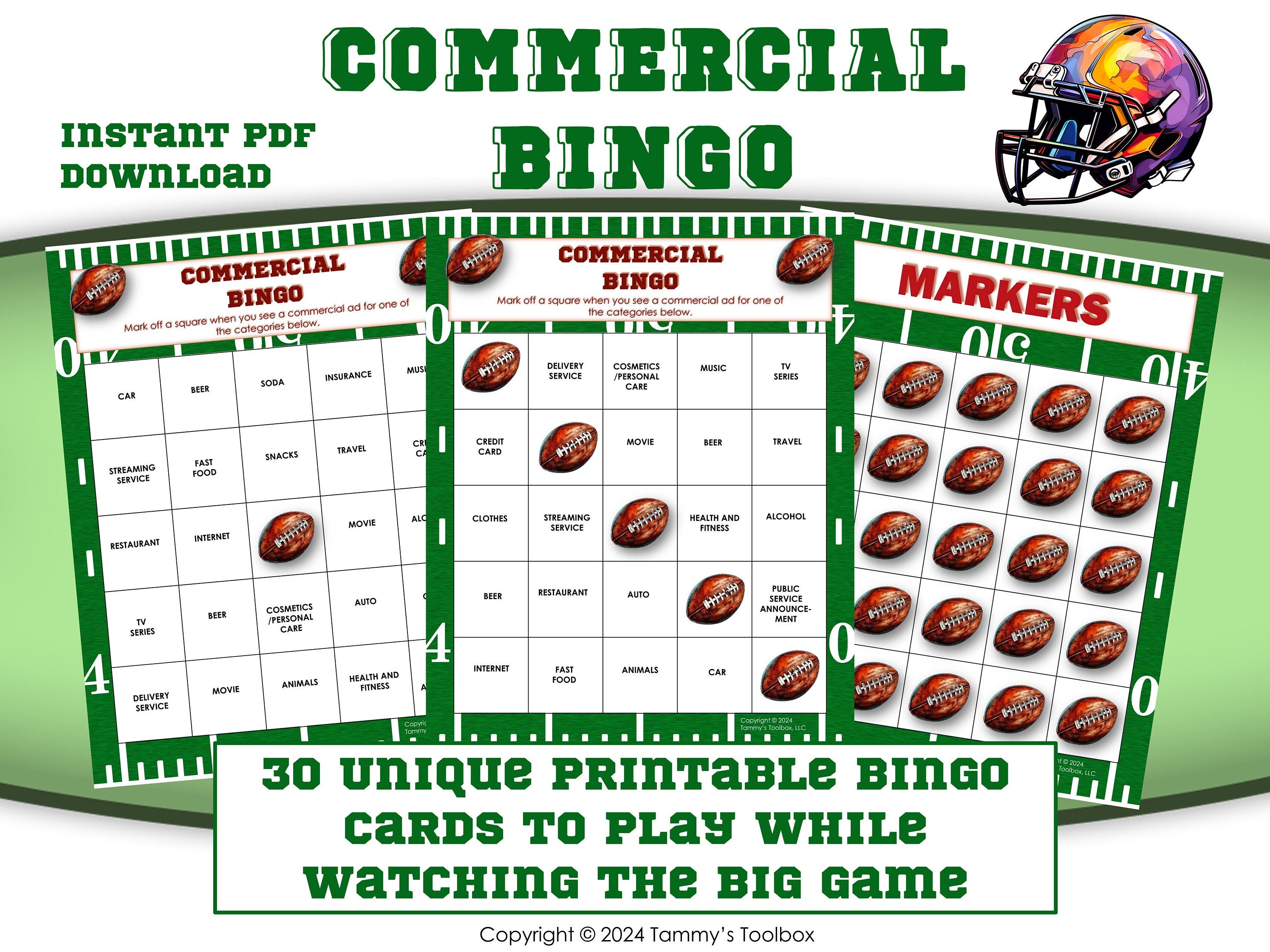 The Big Football Game Commercials Bingo, 30 Printable Bingo Game Cards ...