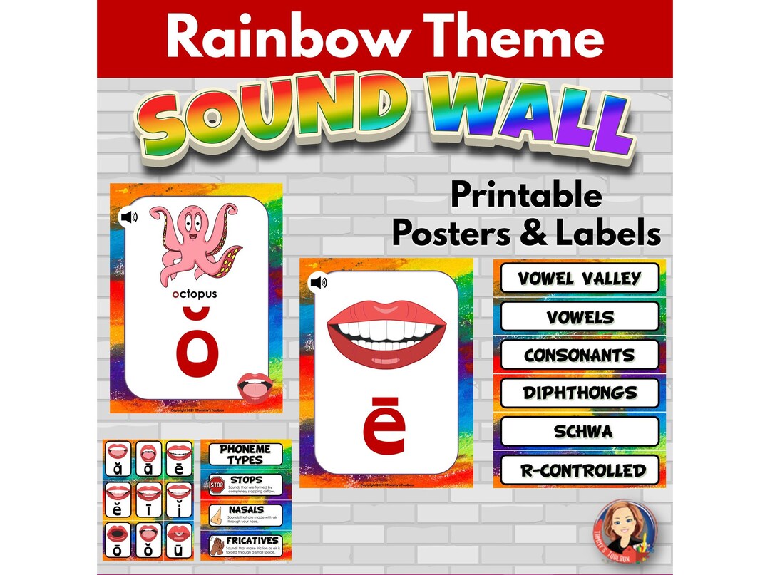 Sound Wall With Mouth Pictures Classroom Decor Kit in Rainbow Theme ...