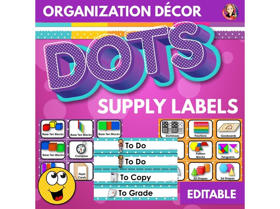 School Supply Labels in Bright Polka Dot Classroom Decor Theme, Class ...