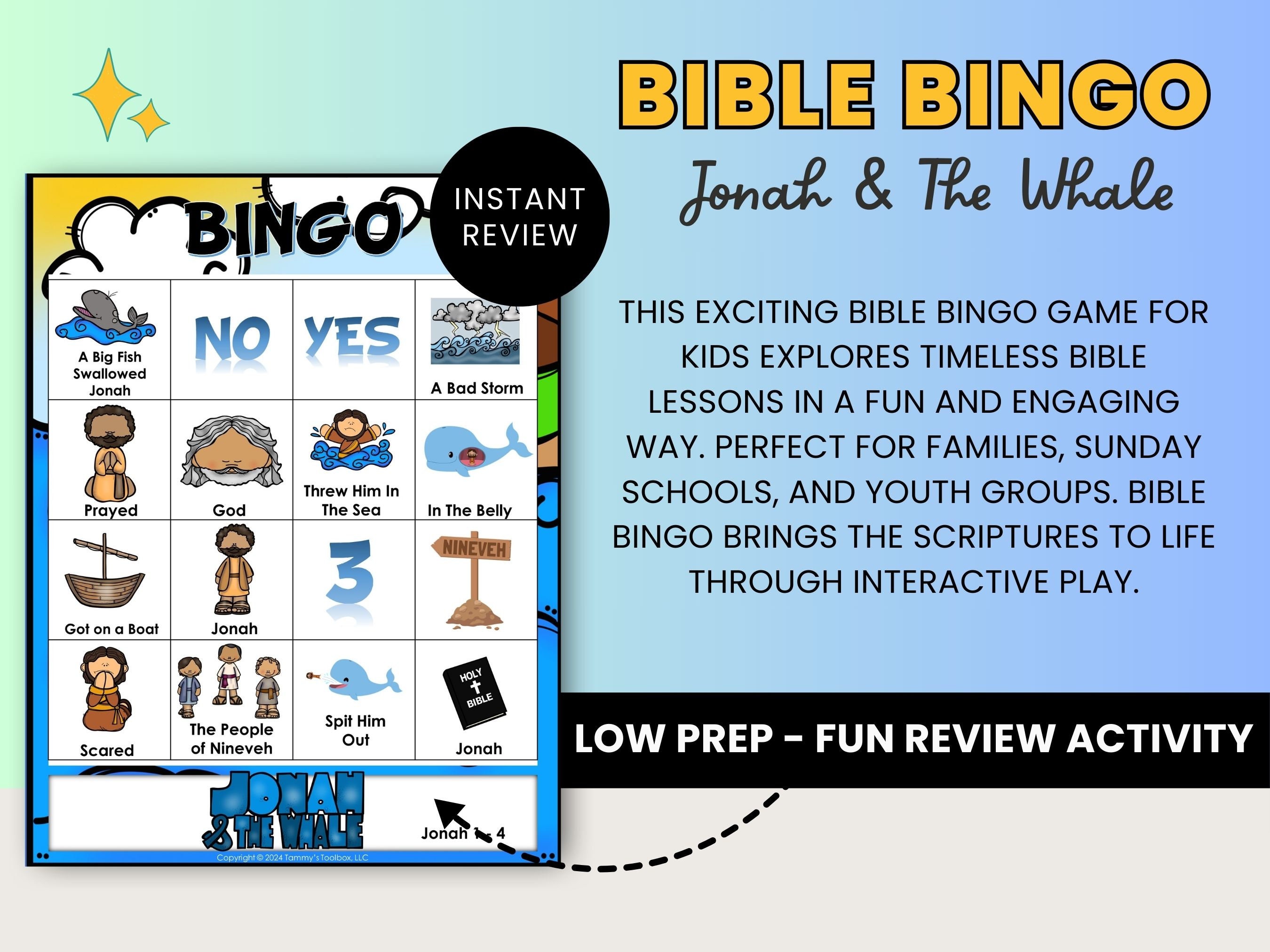 Bible Bingo, Bible Lesson Review Game for Kids, the Story of Jonah ...