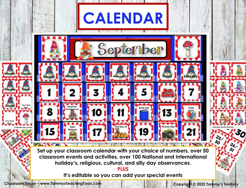 Gnome Classroom Calendar Set Editable, Gnome Back-to-school Classroom ...