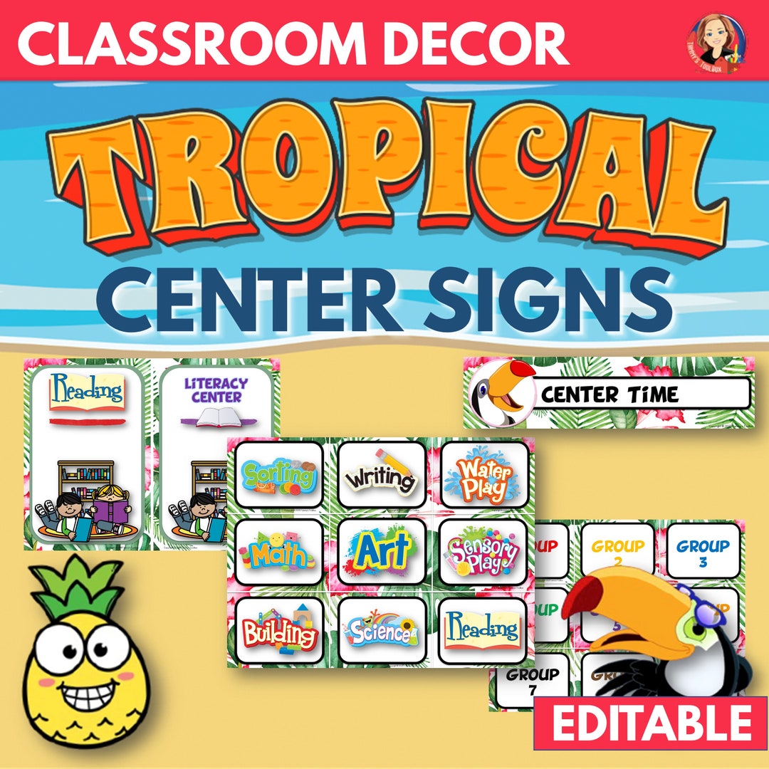 Editable Classroom Centers Labels in Tropical Theme, Printable Tropical ...