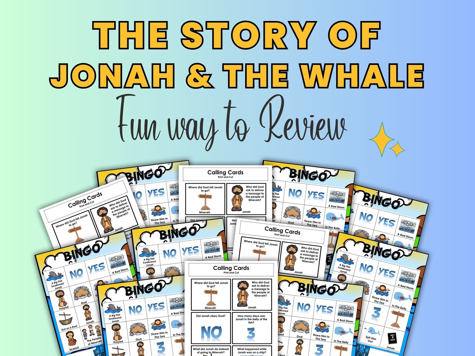Bible Bingo, Bible Lesson Review Game for Kids, the Story of Jonah ...