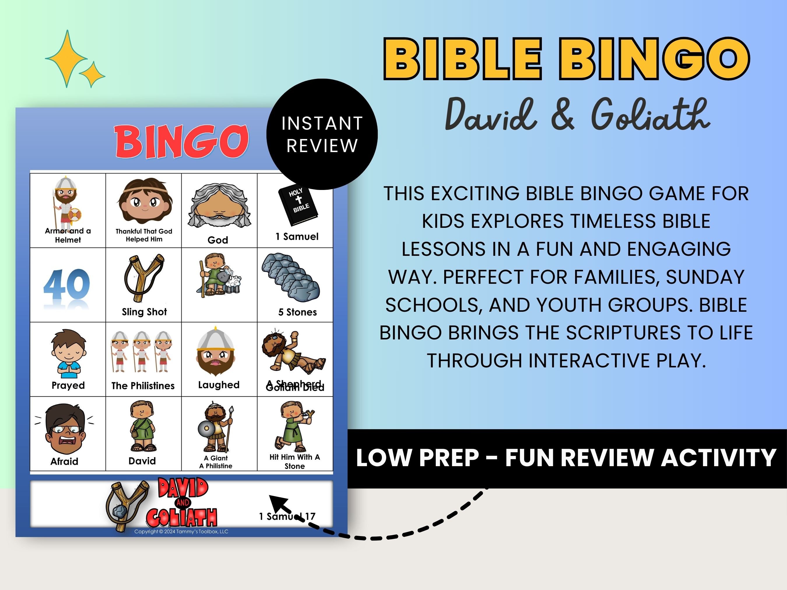 Bible Bingo, Bible Lesson Review Game for Kids, David and Goliath ...