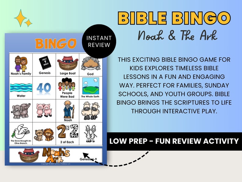 Bible Bingo, Bible Lesson Review Game for Kids, Noah and the Ark, Bible ...