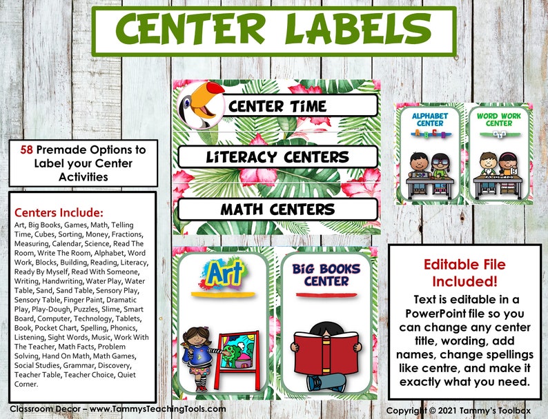 Editable Classroom Centers Labels in Tropical Theme, Printable Tropical ...