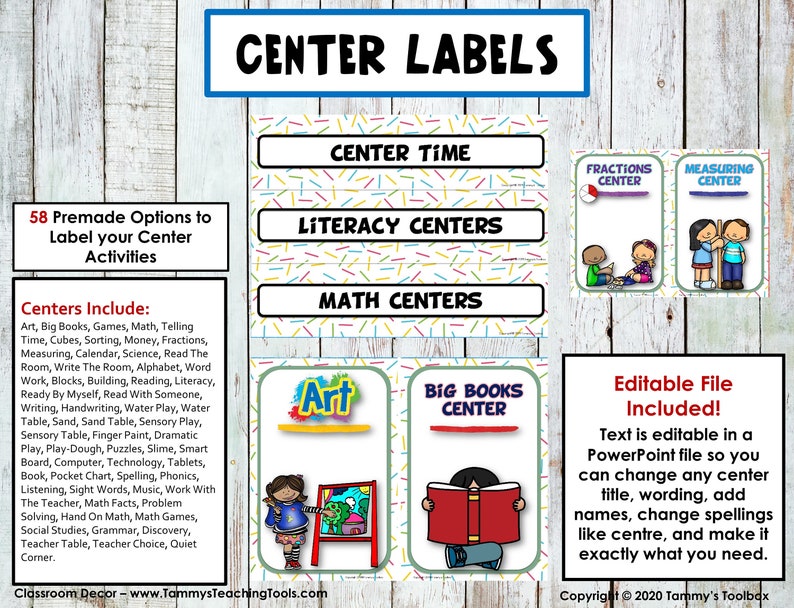 Editable Classroom Center Labels Decor in Bright Classroom Decor Theme ...