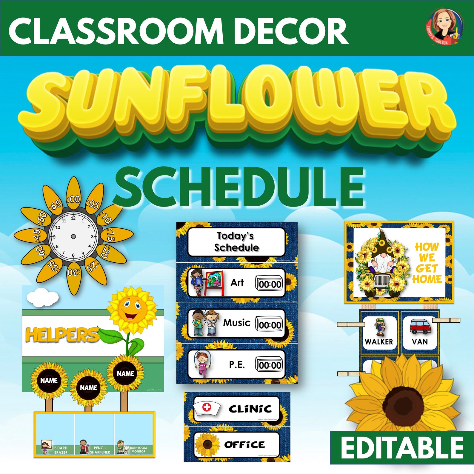 Sunflower Classroom Schedule Set, Editable Decor, Sunflower Classroom ...