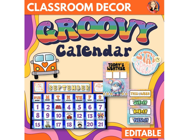 Groovy Retro Gnome Classroom Calendar Set, Editable, Printable Bulletin ...