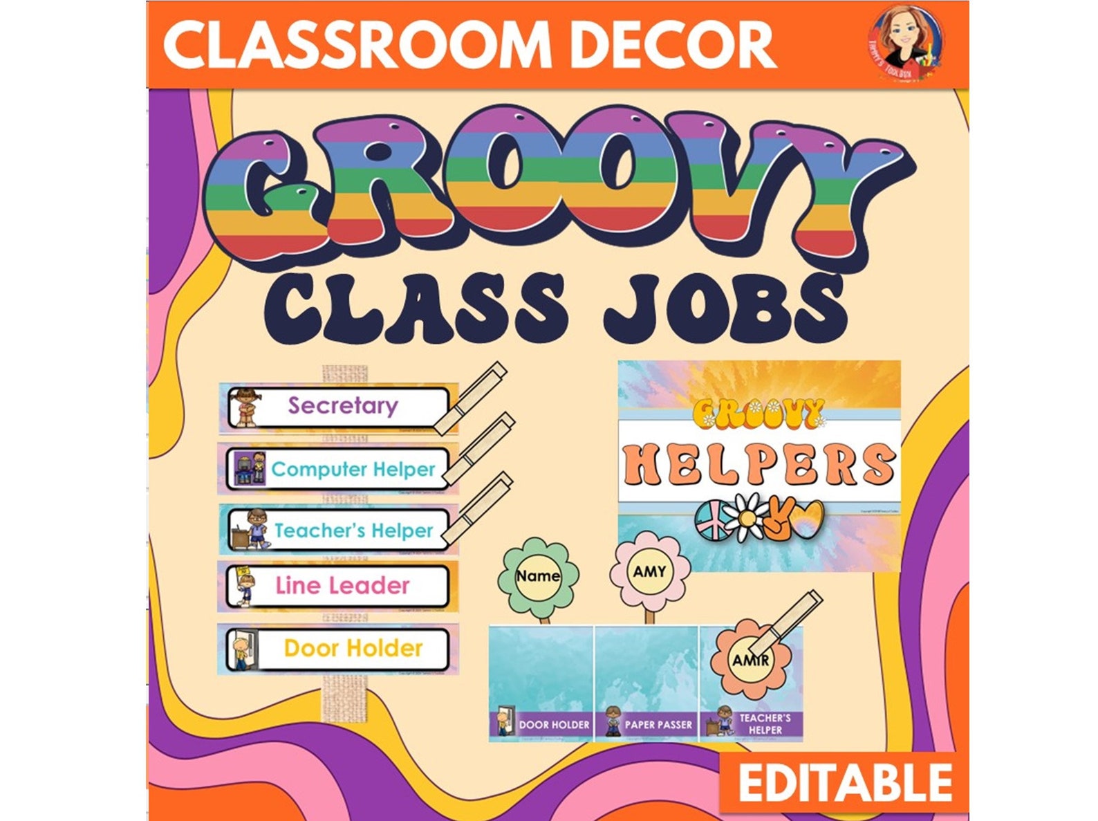 Editable Groovy Retro Classroom Decor, Class Job Chart, Classroom ...