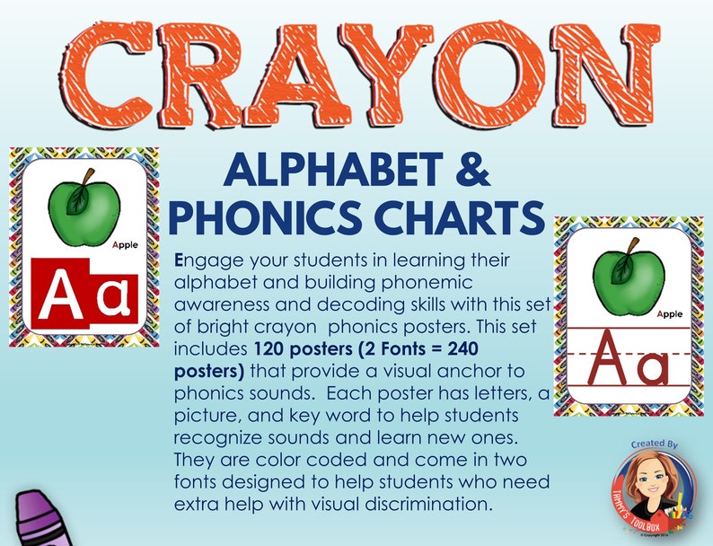 Alphabet Posters and Phonics Anchor Charts in a Crayon Theme, Crayon ...