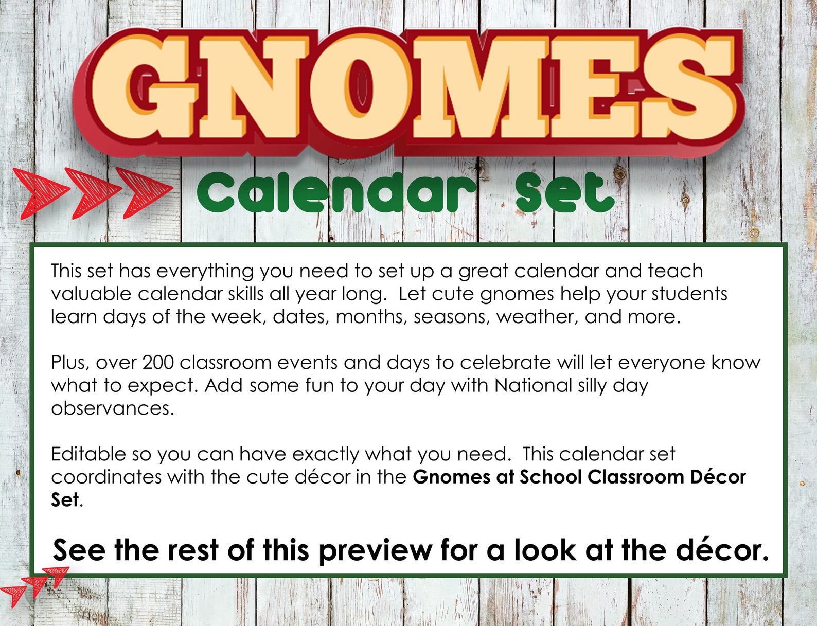 Gnome Classroom Calendar Set Editable, Gnome Back-to-school Classroom ...