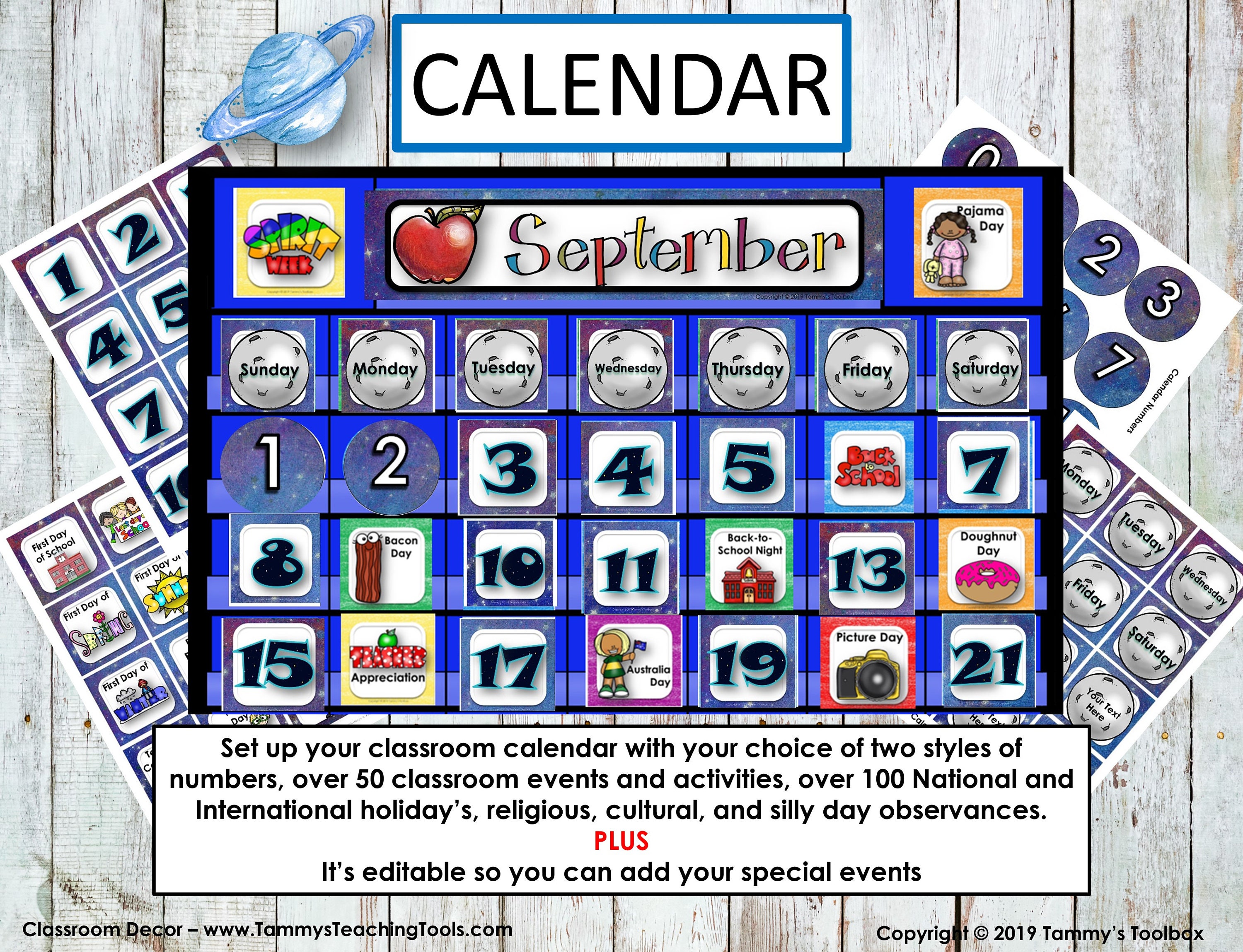 Editable Classroom Calendar in Galaxy Outer Space Theme, Customizable ...