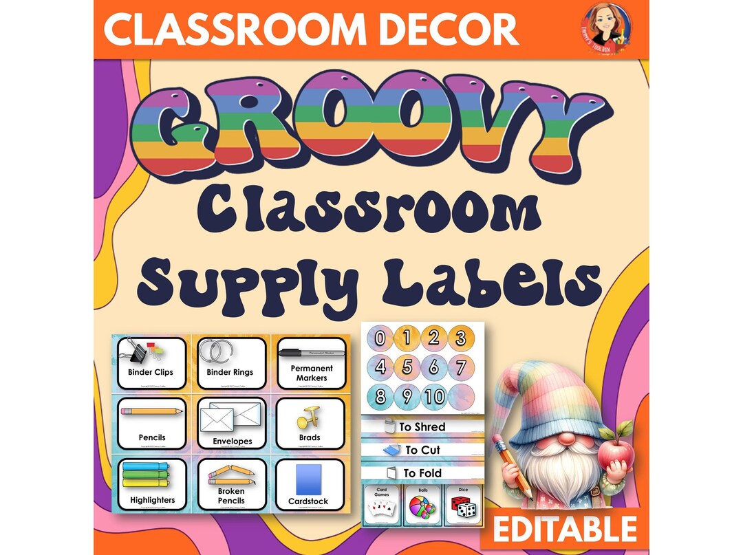 Classroom Supply Labels and Organization Labels in Groovy Retro ...