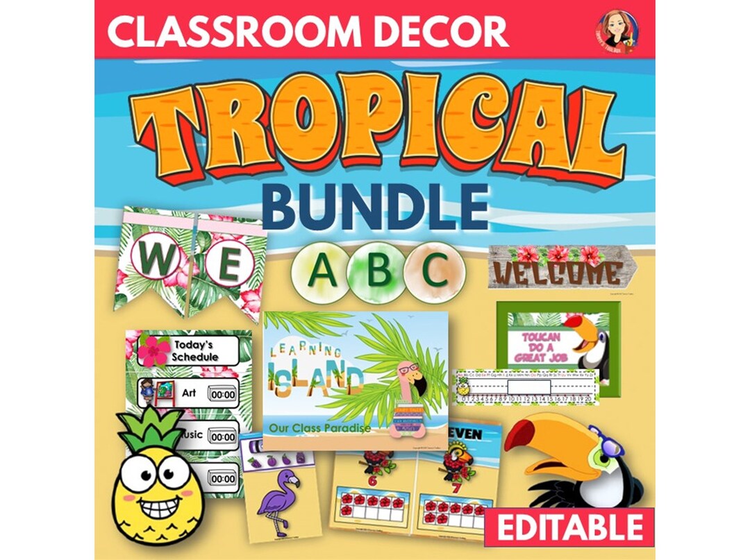 Tropical Classroom Decor Bundle Editable, Classroom Bulletin Board ...
