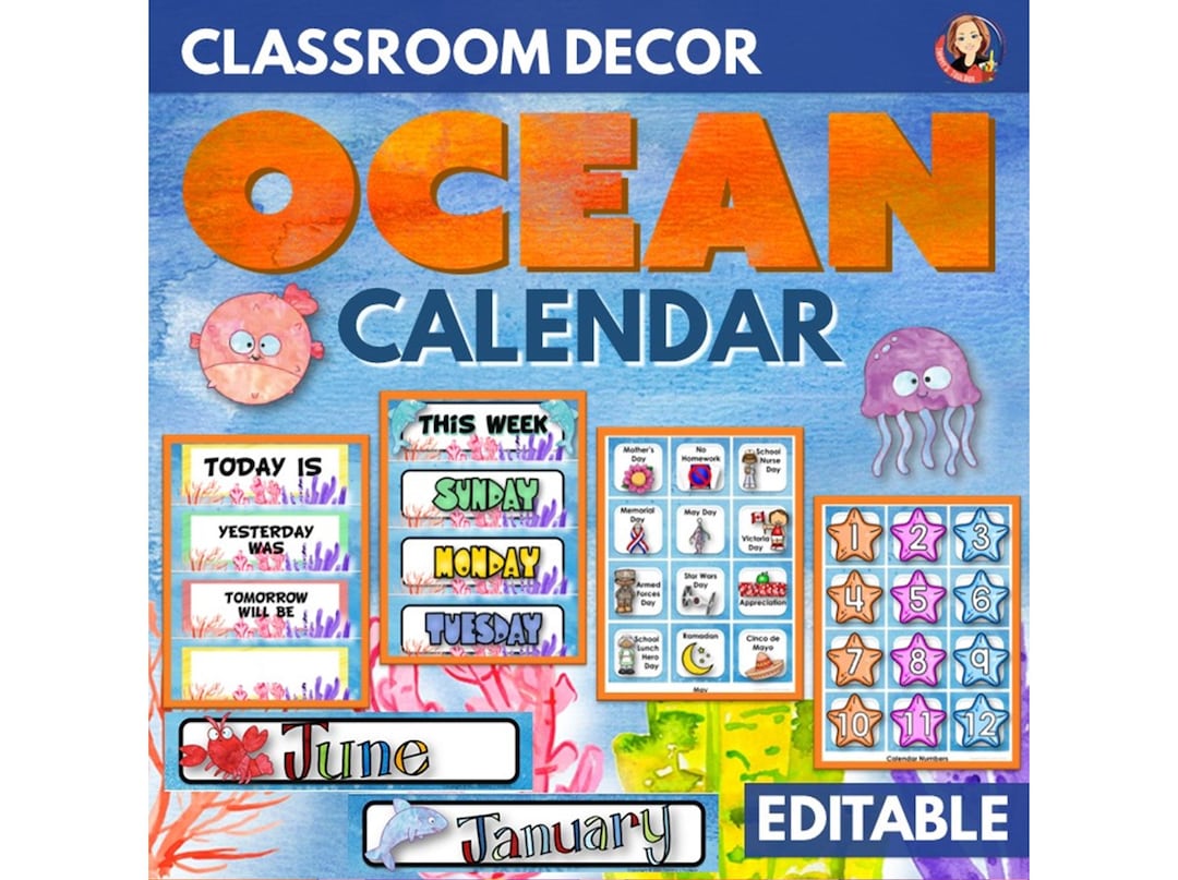 Ocean Under the Sea Theme Classroom Calendar, Sea Life Monthly Calendar ...