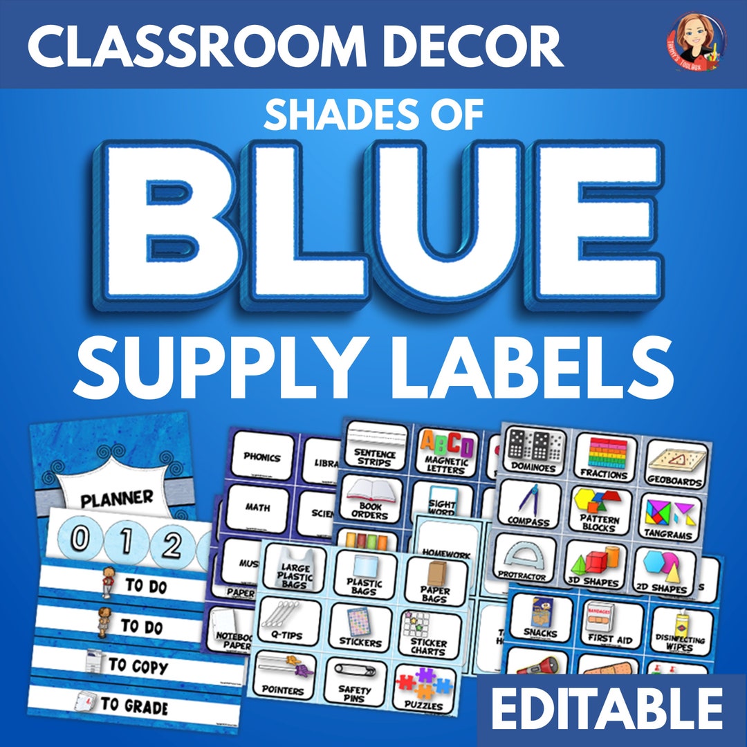 Classroom Supply and Organization Labels in Watercolor Blues Theme ...