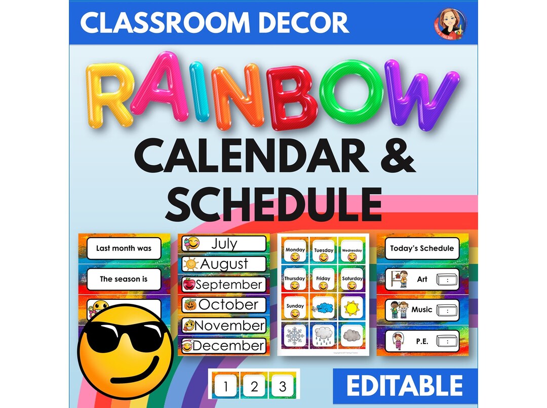 Rainbow Emoji Theme Classroom Calendar and Schedule - Editable Calendar ...