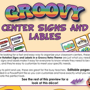 Classroom Center Signs and Labels in Groovy Retro Classroom Decor Theme ...