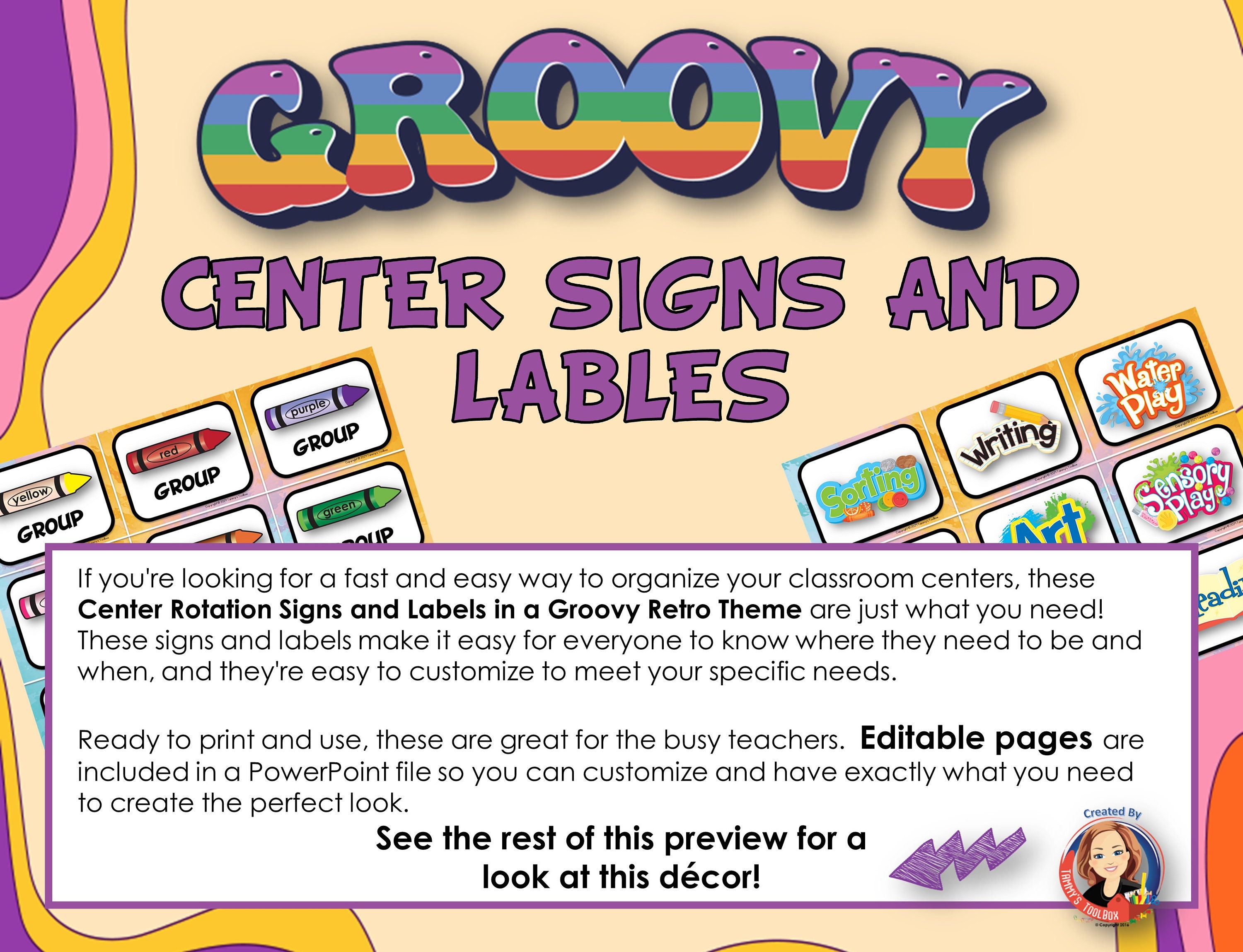Classroom Center Signs and Labels in Groovy Retro Classroom Decor Theme ...