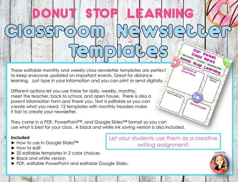Digital and Printable Classroom Newsletter Templates in Donut Theme ...
