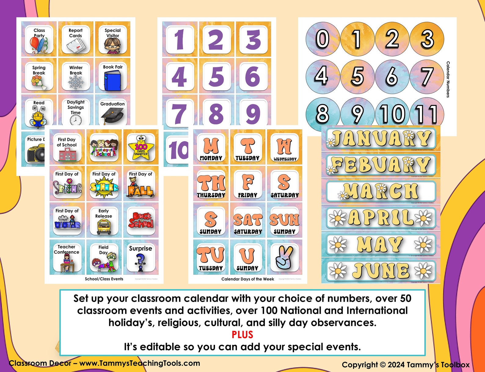 Groovy Retro Gnome Classroom Calendar Set, Editable, Printable Bulletin ...