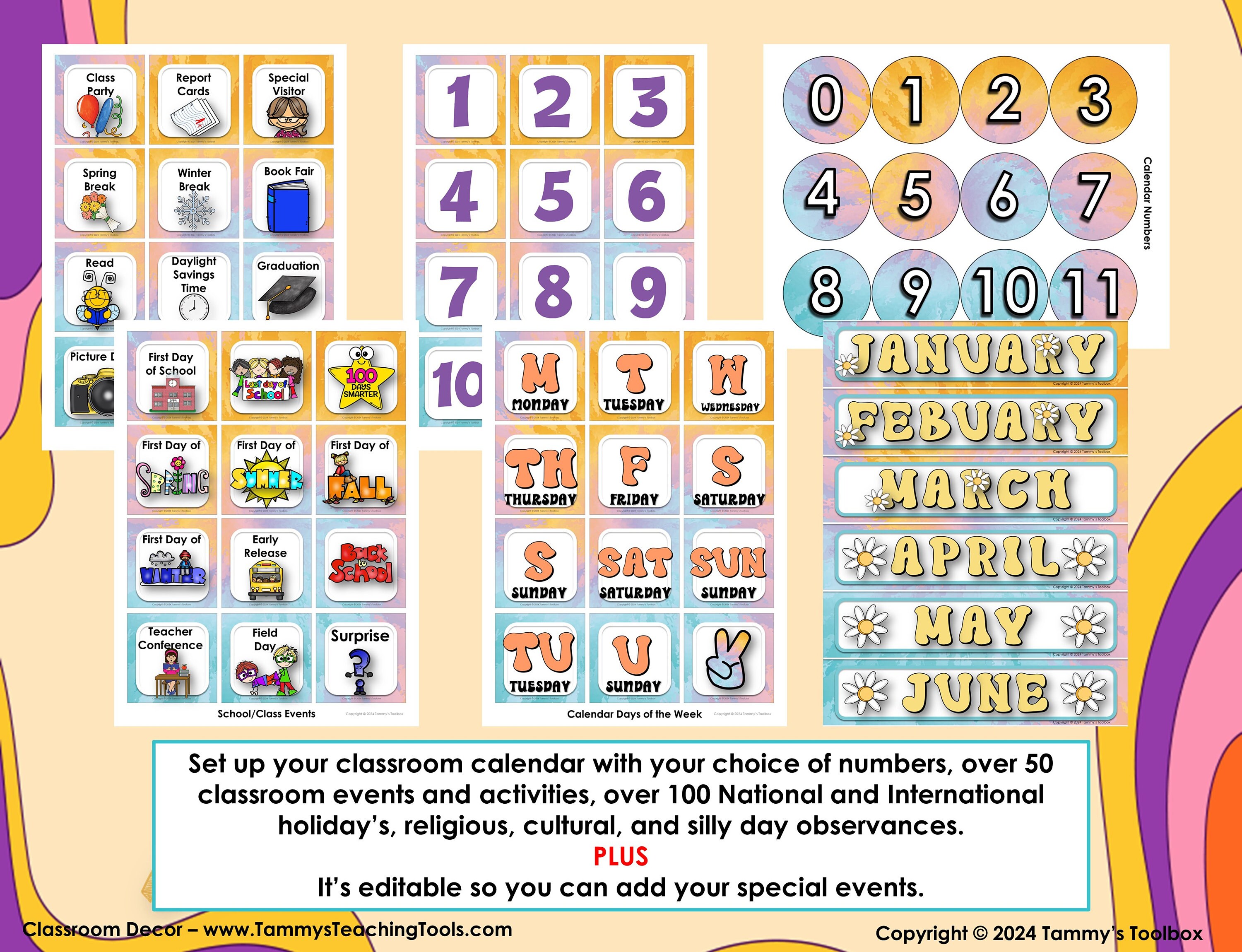 Groovy Retro Gnome Classroom Calendar Set, Editable, Printable Bulletin ...