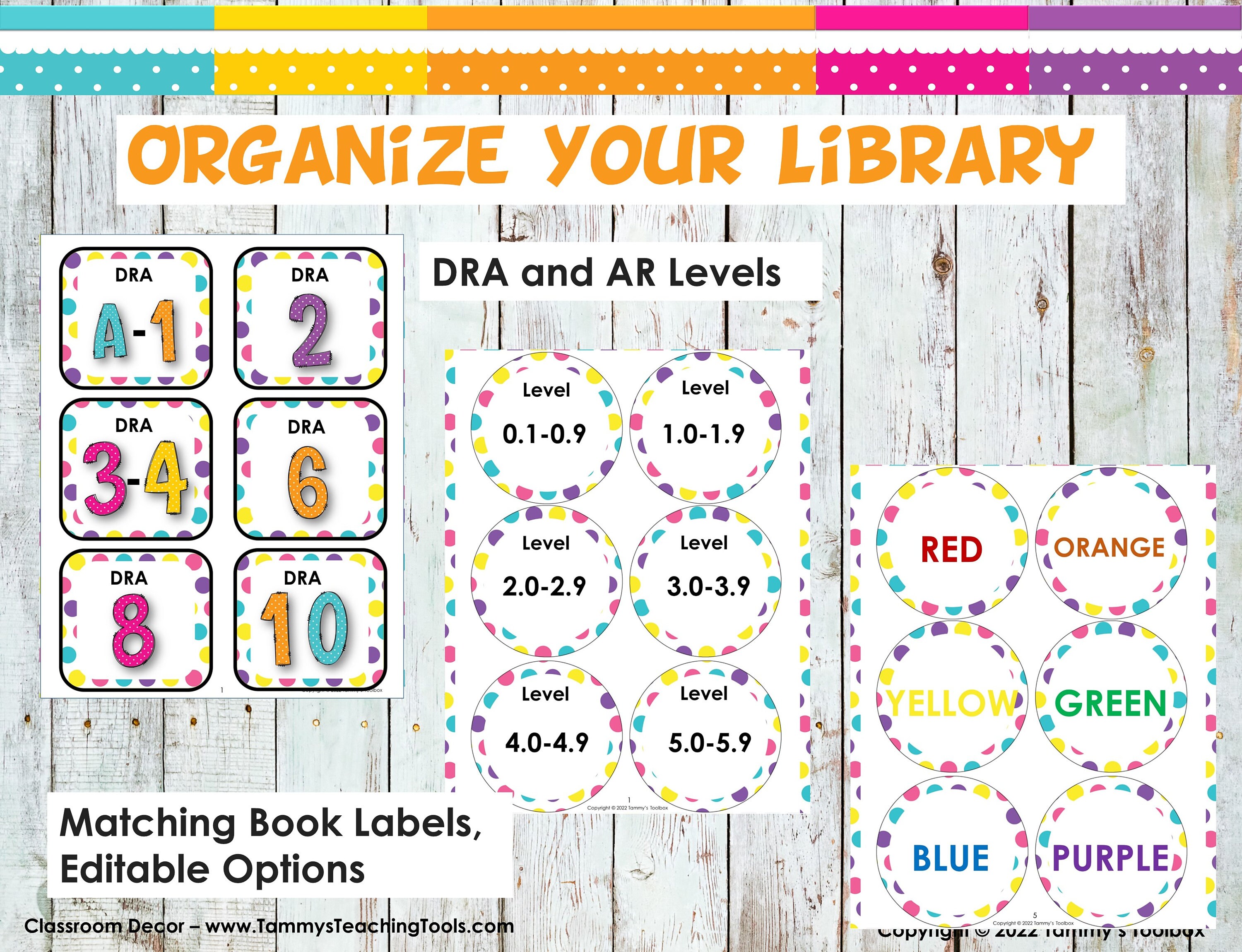 Classroom Library Book Bin Labels in Bright Polka Dots Classroom Decor ...