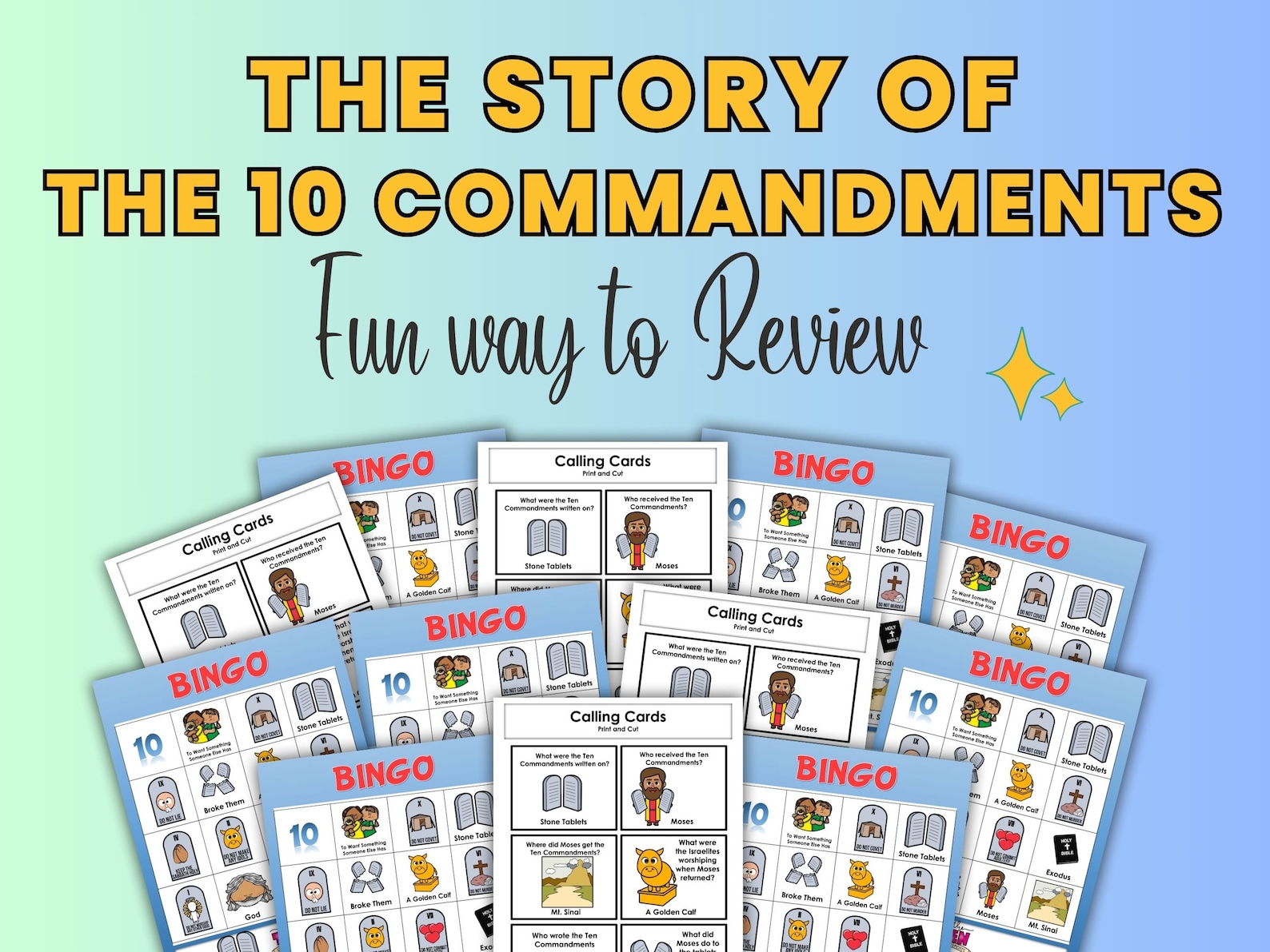 Bible Bingo, Bible Lesson Review Game for Kids, the Ten Commandments ...