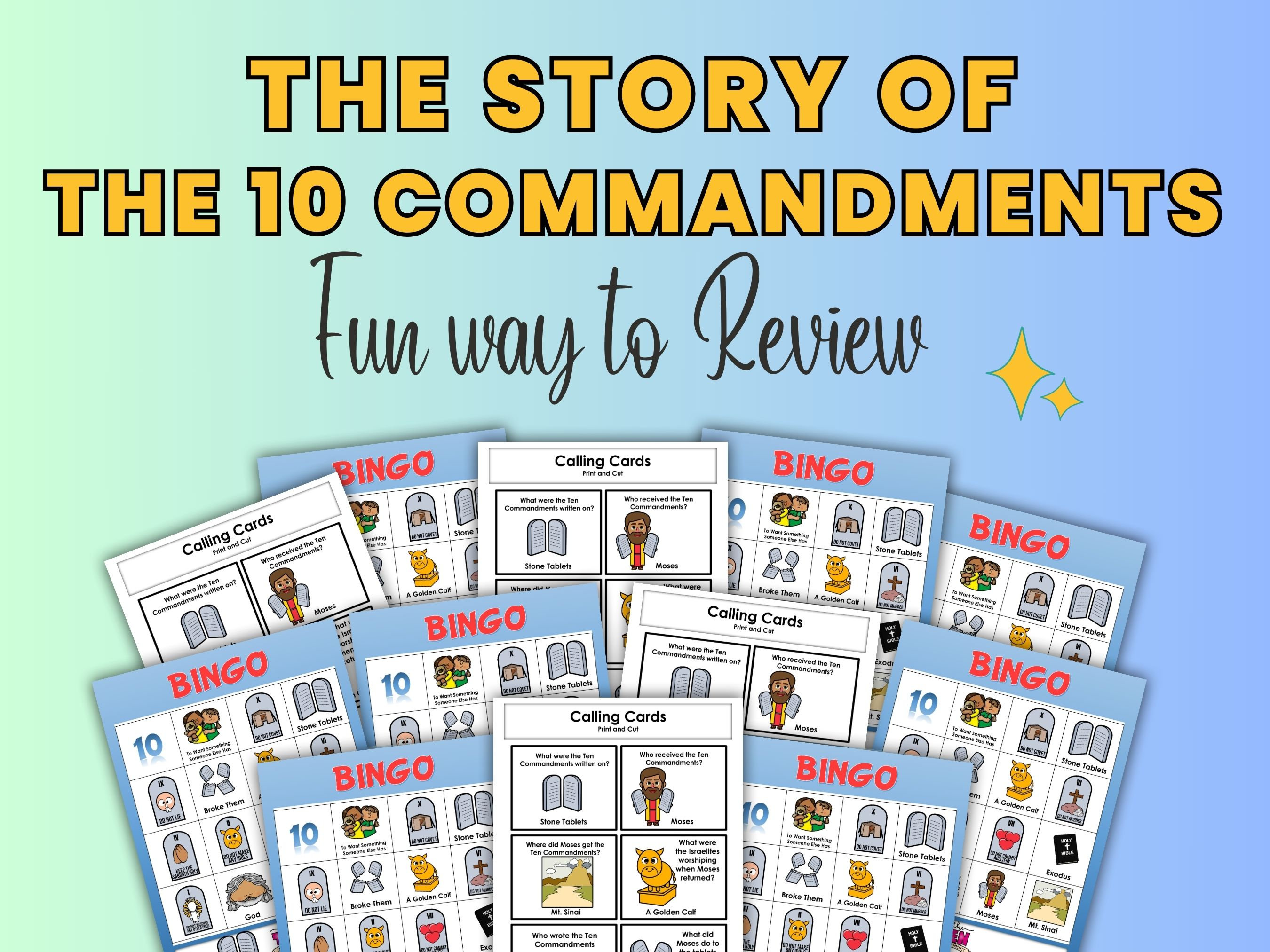 Bible Bingo, Bible Lesson Review Game for Kids, the Ten Commandments ...