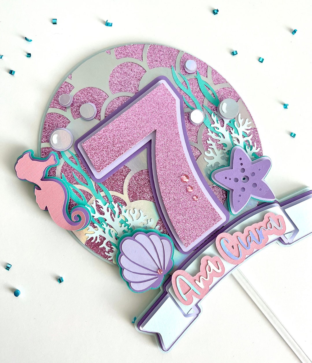 Topper de pastel de sirena brillante rosa púrpura personalizado 3D para ...