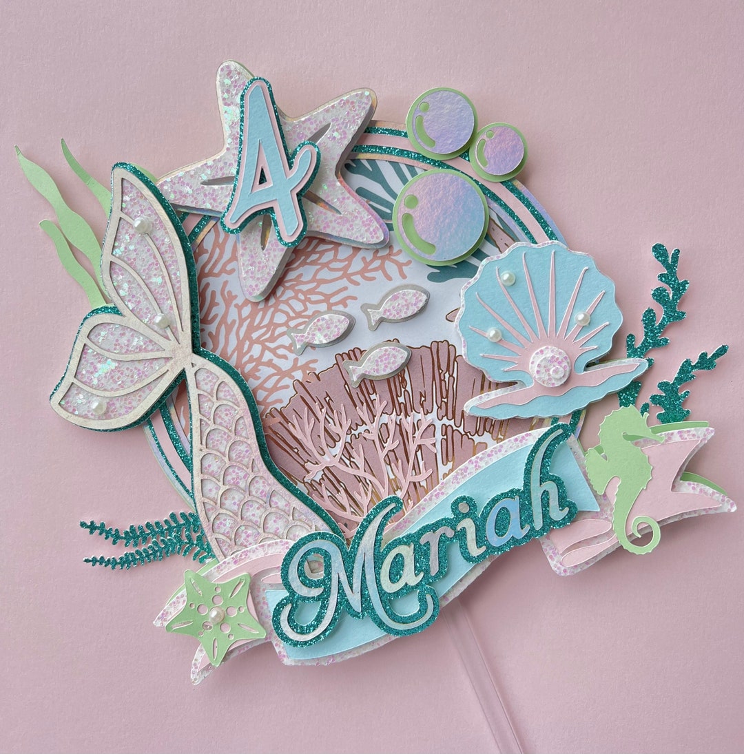 Pastel Mermaid Whimsical 3D Cake Topper Sparkly Pink Blue Custom ...