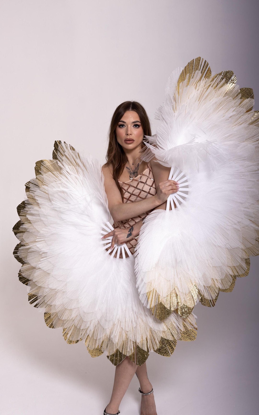 White Fan With Golden Endings for Hands, Fan With Gold, Dance Show ...