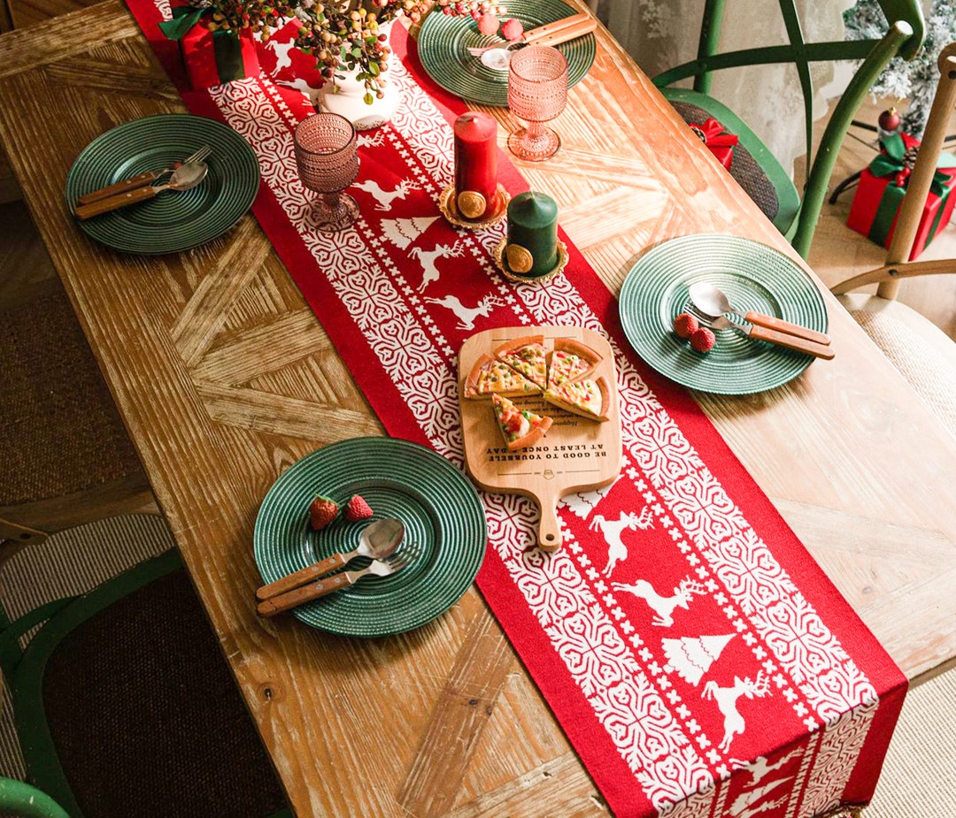 Christmas Table Runner, Handmade Table Runner, Tassels Cotton Linen ...