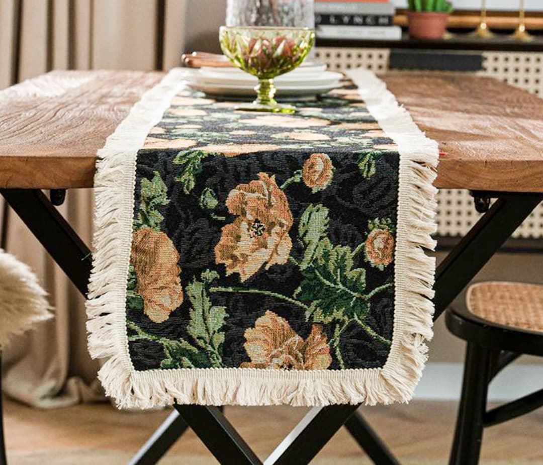 Black Flower Table Runner, Farmhouse Table Runner, Vintage Table Runner ...