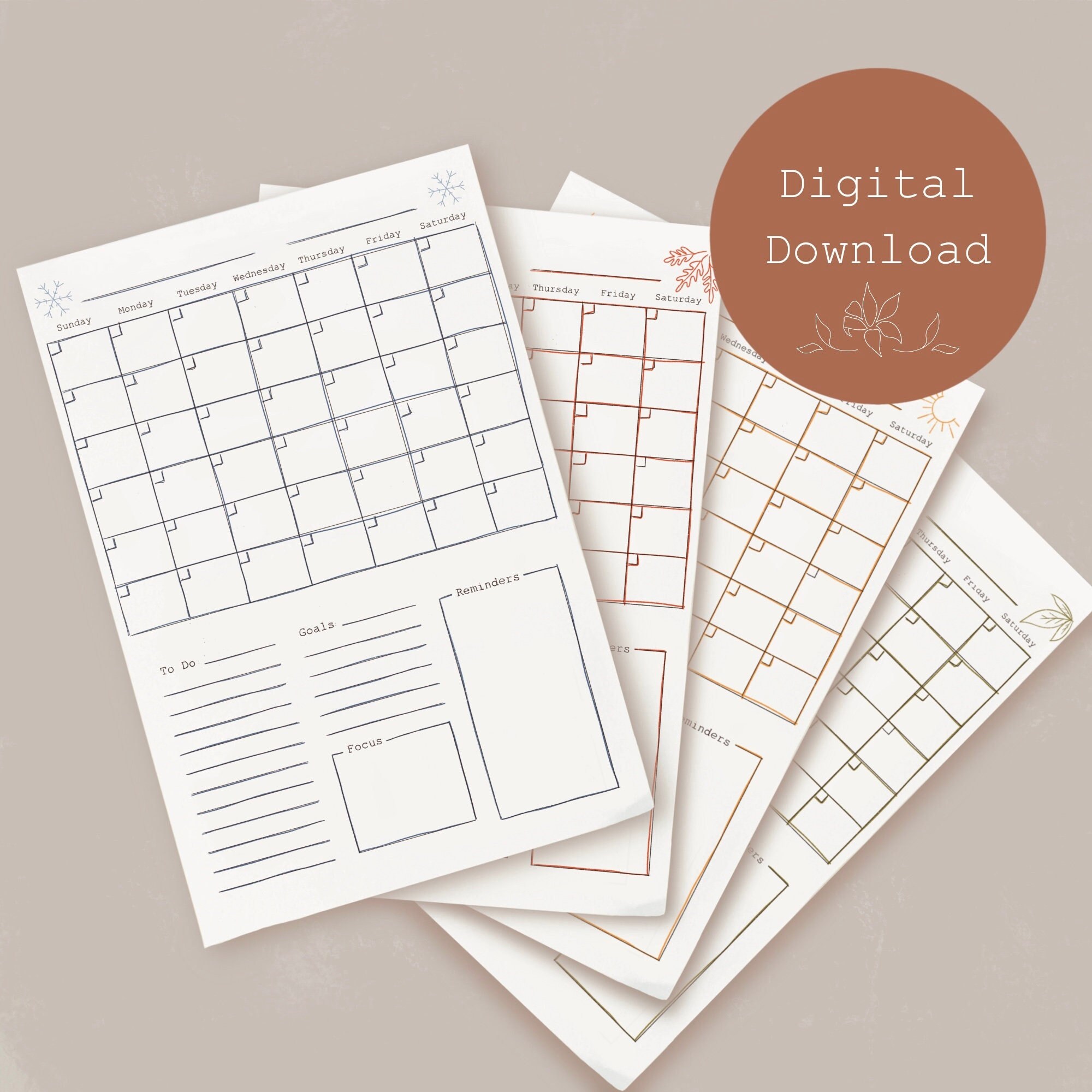 Monthly Calendar Planner Printable 4 Pack, Seasonal, Four Seasons, to ...