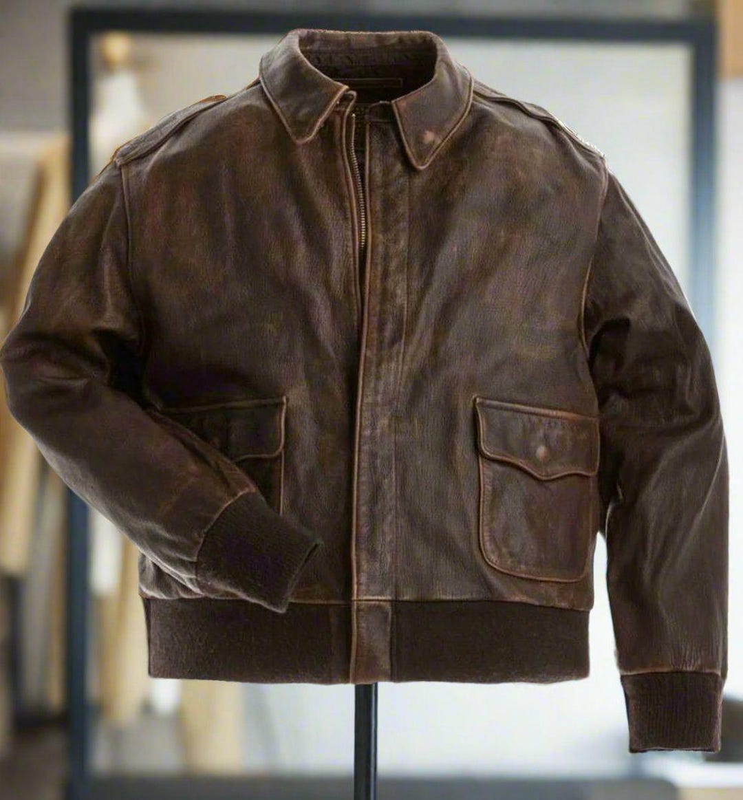 A2 Flight Pilot Bomber Distressed Brown Leather Jacket for Men | Brown Aviator Bomber Jacket for ...