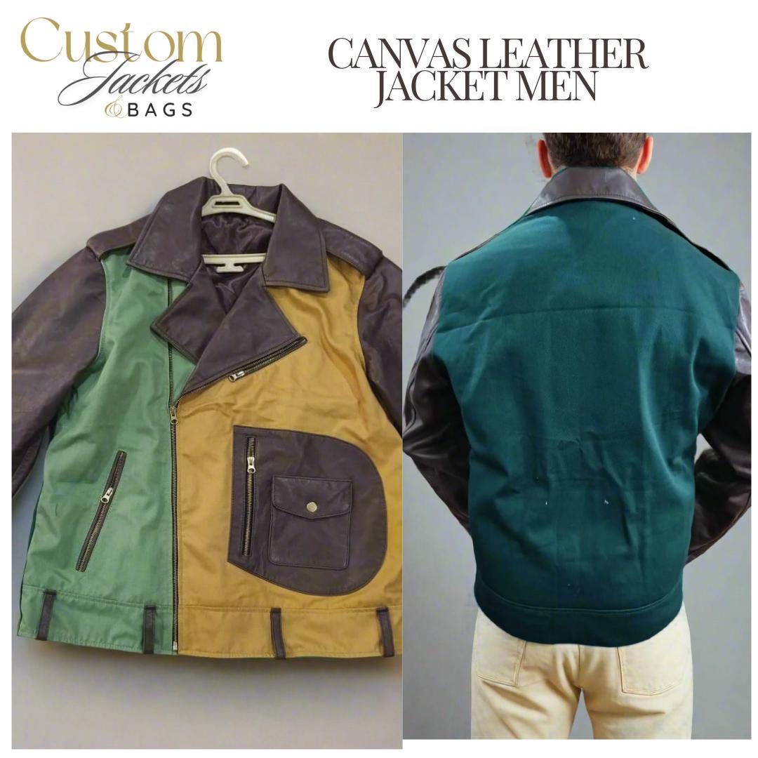 Canvas Leather Jacket Men Unique Green Canvas Jacket Men Real Leather ...