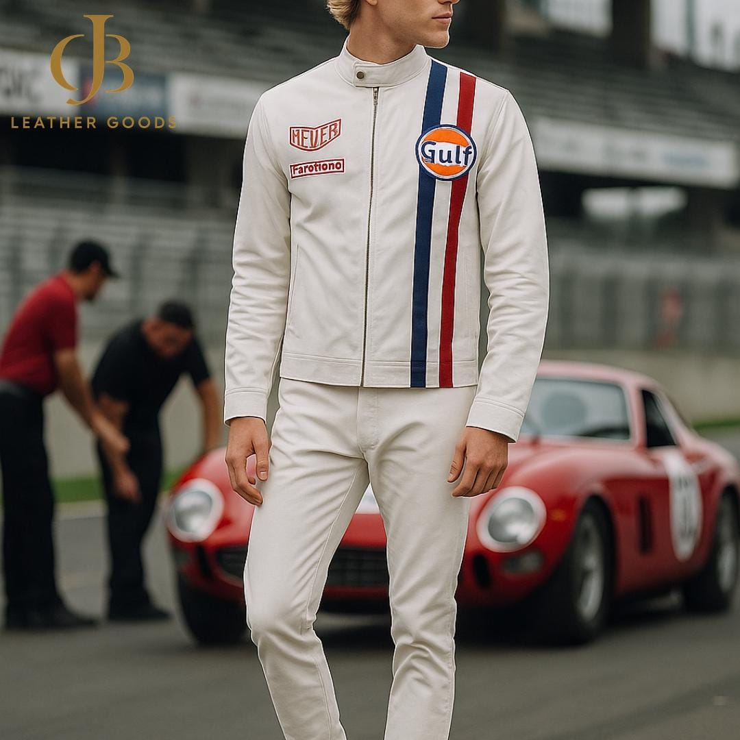 Steve Mcqueen Le Mans Leather Jacket | Gulf Racing Style - Etsy