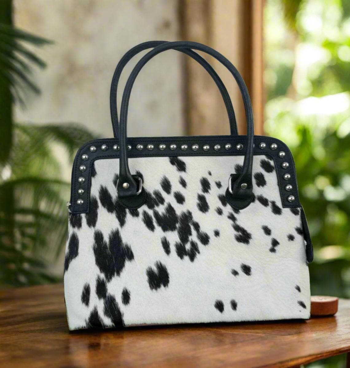 Black & White Cowhide Leather Tote Bag | Rivet Detail, Personalized - Etsy